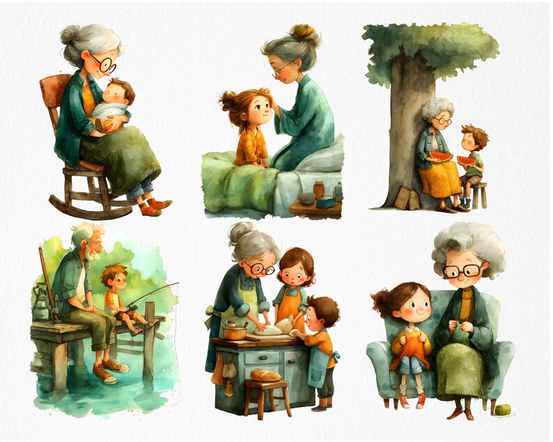 Watercolor Grandparents and Grandchildren Clipart: Family Moments (30 ...