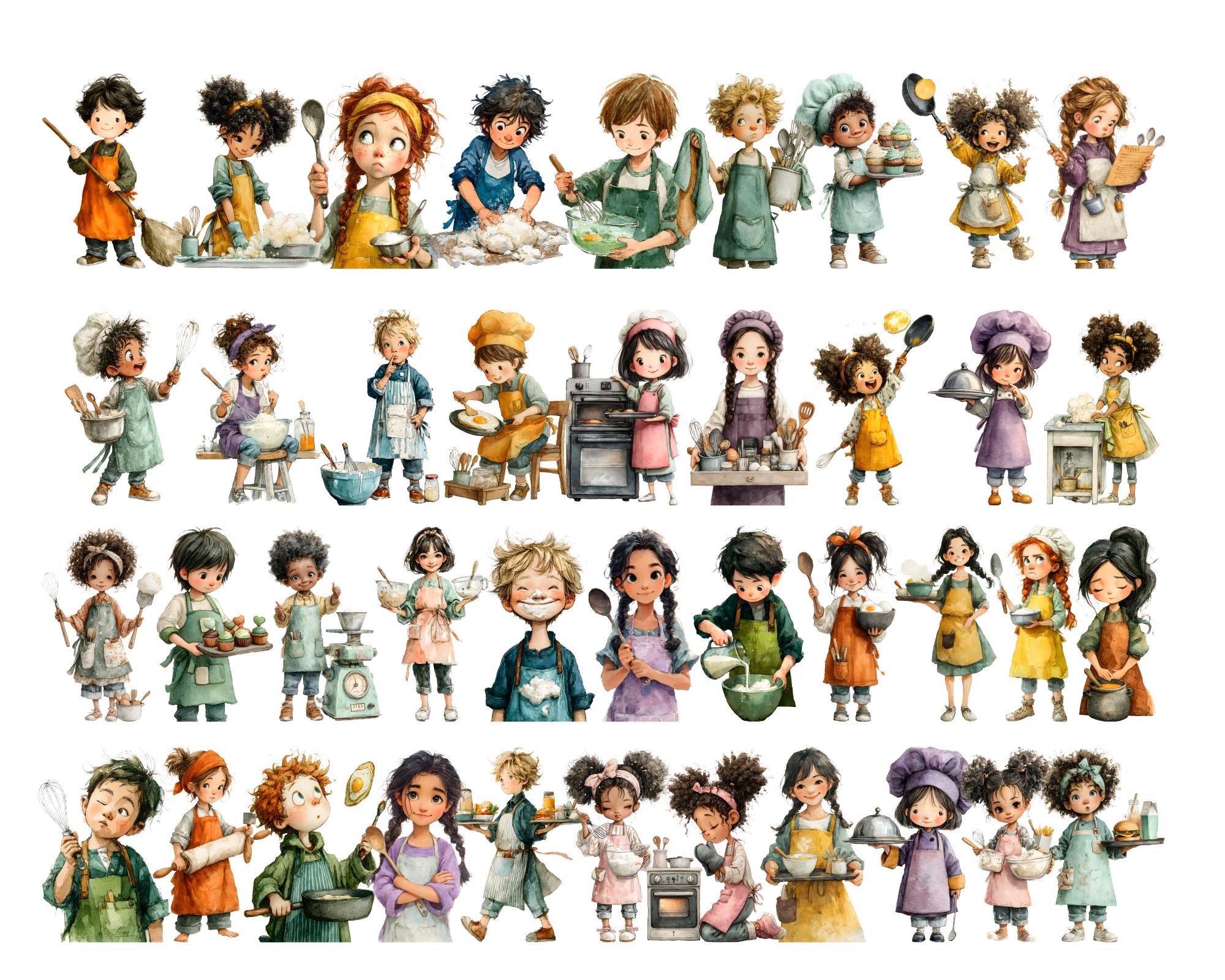 Watercolor Chef Clipart: Diverse Kids Cooking Set (digital Download ...