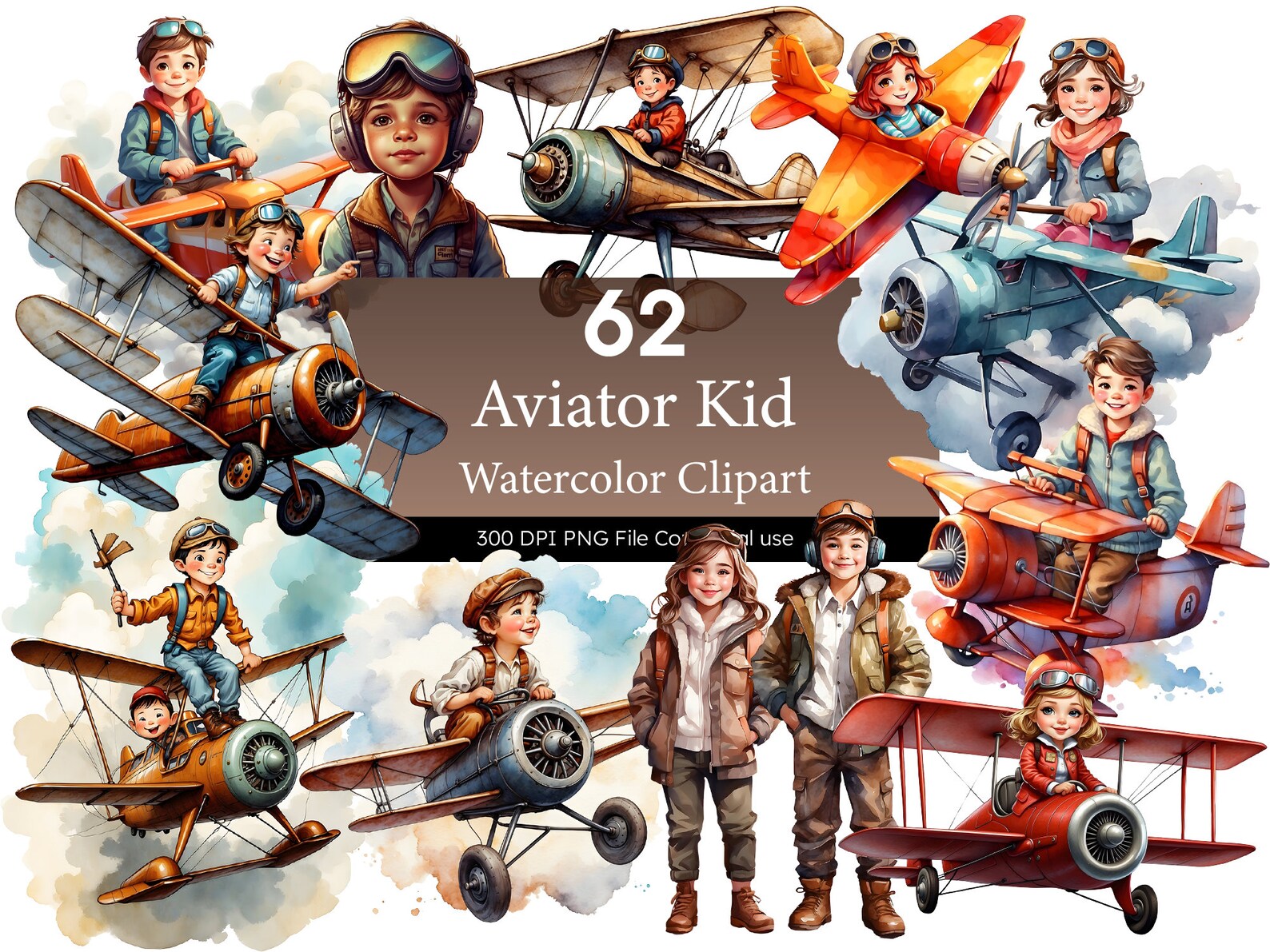 Aviator Kid, Pilot Kid With Plane Clipart, Watercolor Girl and Boy ...