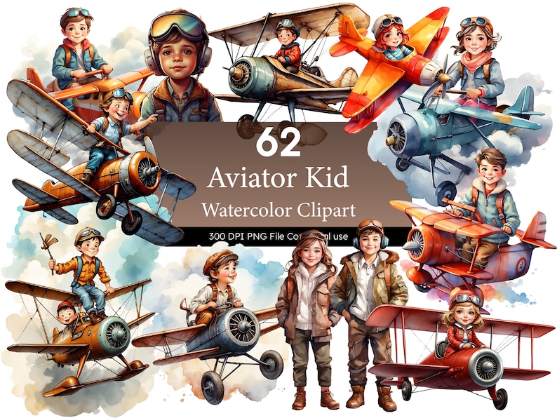 Aviator Kid, Pilot Kid With Plane Clipart, Watercolor Girl and Boy ...