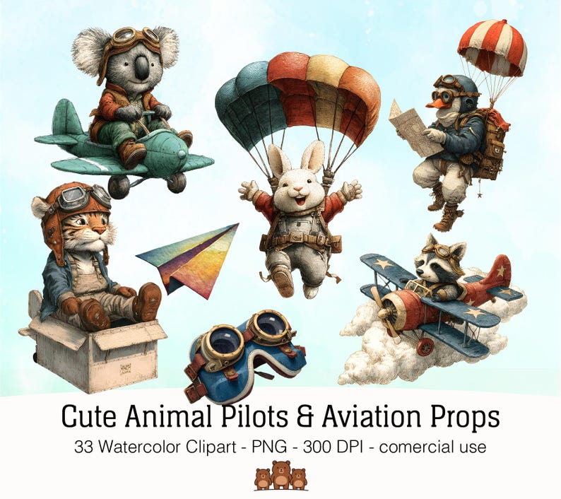 Watercolor Animal Pilot Clipart: Aviation Nursery Art (digital Download ...