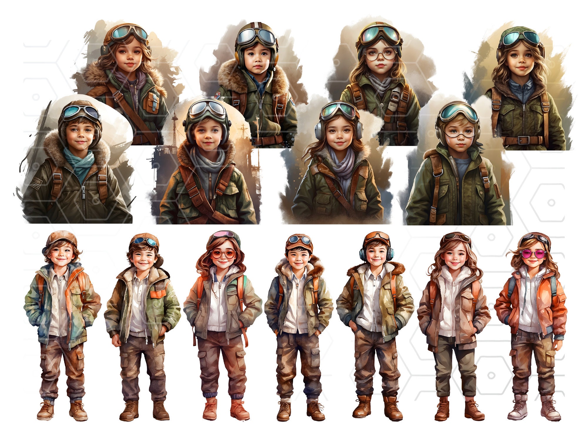 Aviator Kid, Pilot Kid With Plane Clipart, Watercolor Girl and Boy ...