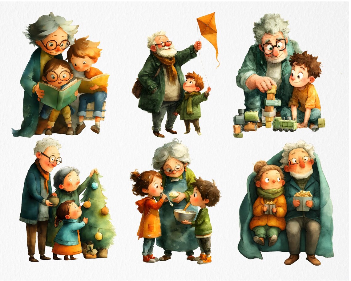 Watercolor Grandparents and Grandchildren Clipart: Family Moments (30 ...