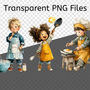 Little Chef Watercolor Clipart 120 PNG – Diverse Cute Kids Cooking Set ...