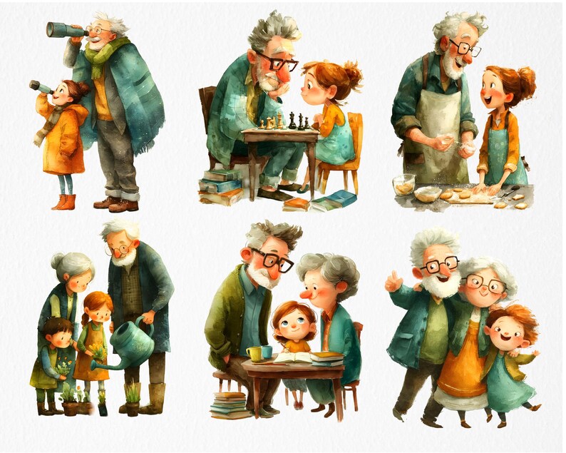 Watercolor Grandparents and Grandchildren Clipart: Family Moments (30 ...