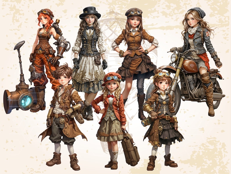 Steampunk Kids Clipart, Watercolor Steampunk Girl and Boy Children ...