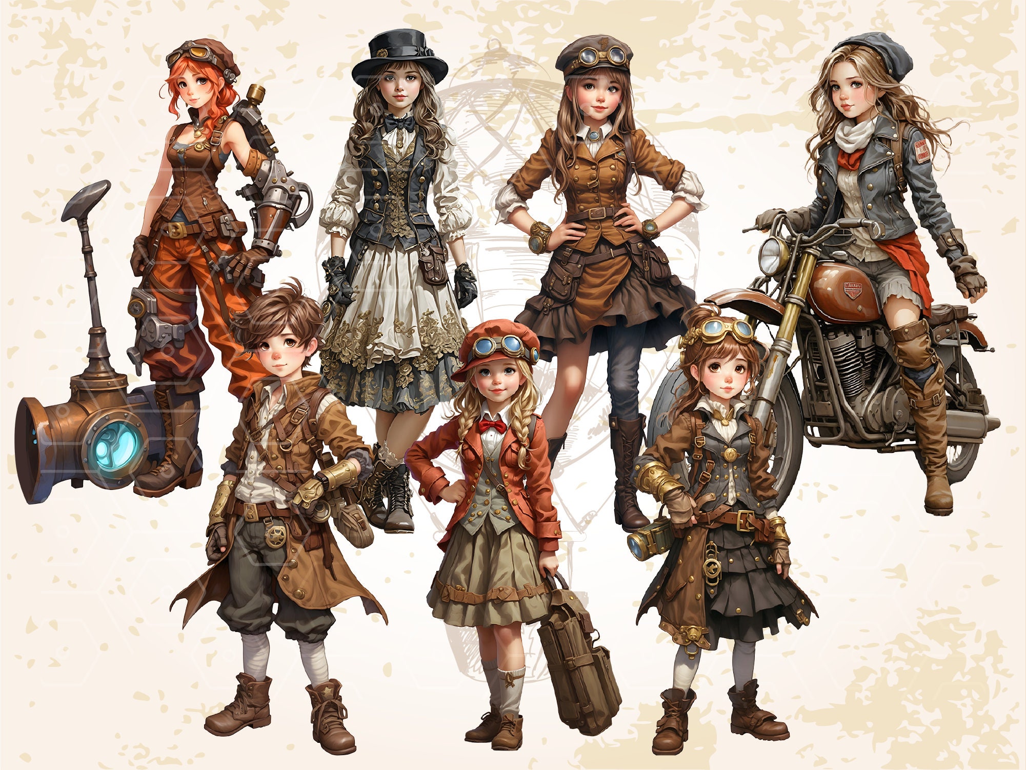 Steampunk Kids Clipart, Watercolor Steampunk Girl and Boy Children ...