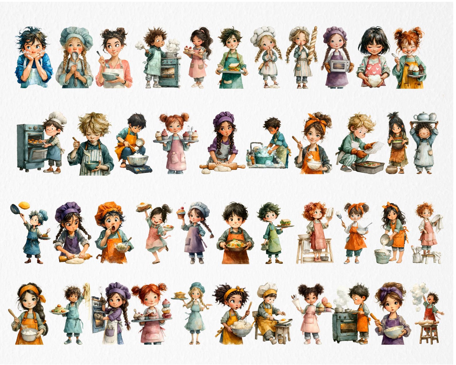 Watercolor Chef Clipart: Diverse Kids Cooking Set (digital Download ...