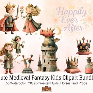 Cute Medieval Fantasy Kids Clipart Bundle – 50 Watercolor Pngs of ...