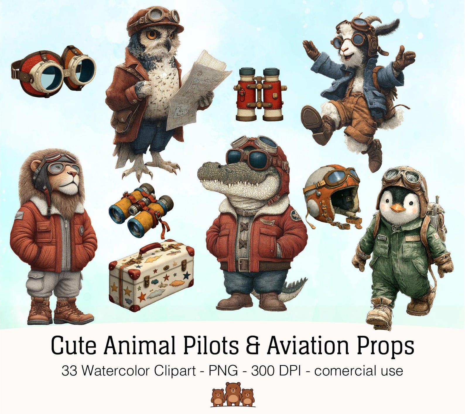 Watercolor Animal Pilot Clipart: Aviation Nursery Art (digital Download ...