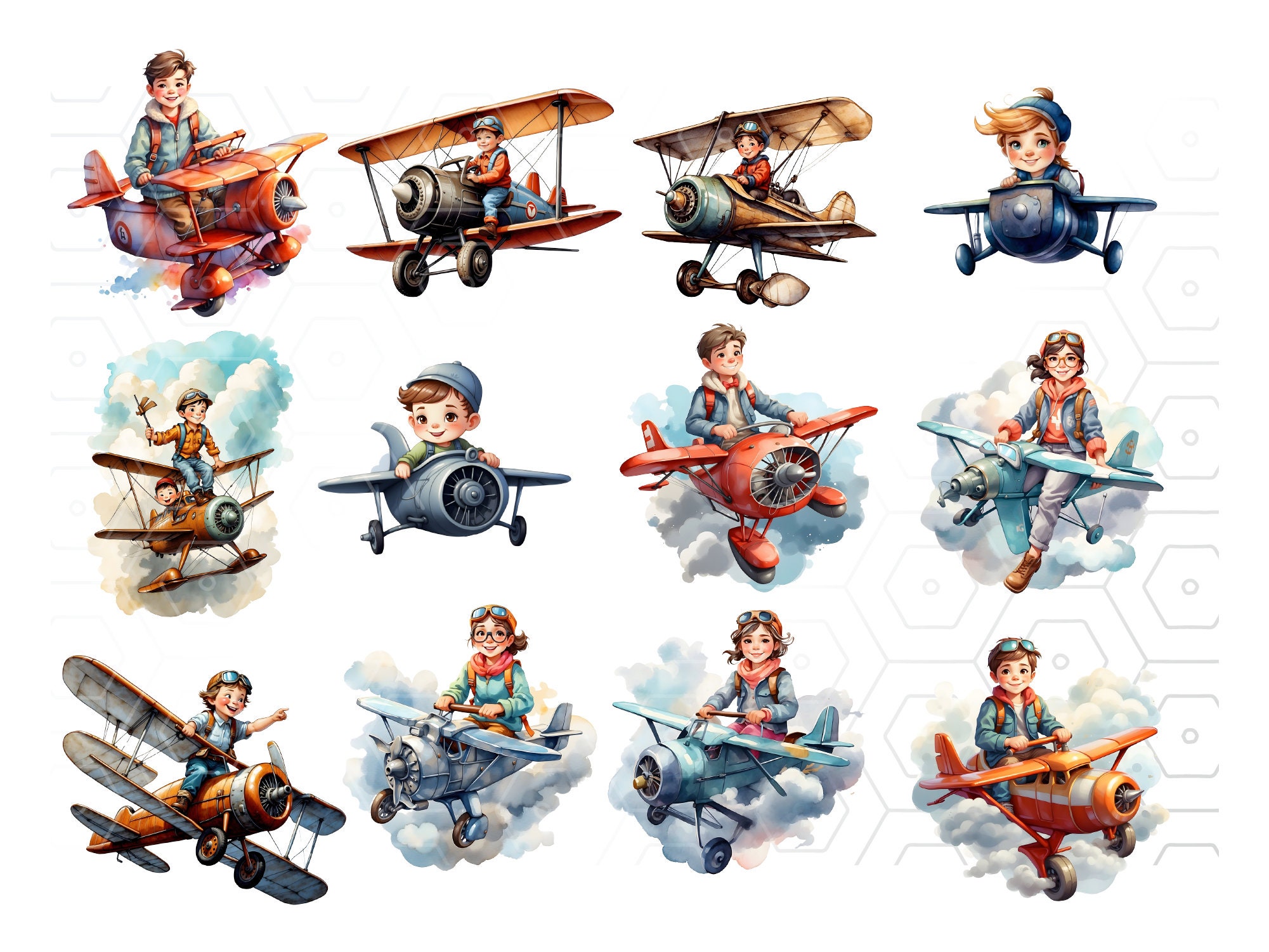 Aviator Kid, Pilot Kid With Plane Clipart, Watercolor Girl and Boy ...