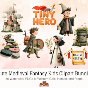 Watercolor Medieval Kids Clipart Bundle: Fantasy Knights, Princesses ...