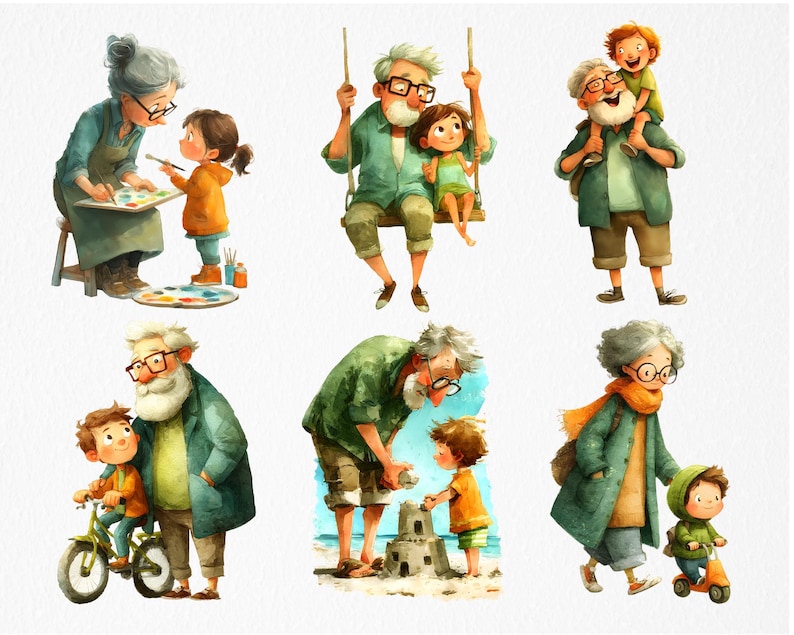 Watercolor Grandparents and Grandchildren Clipart: Family Moments (30 ...