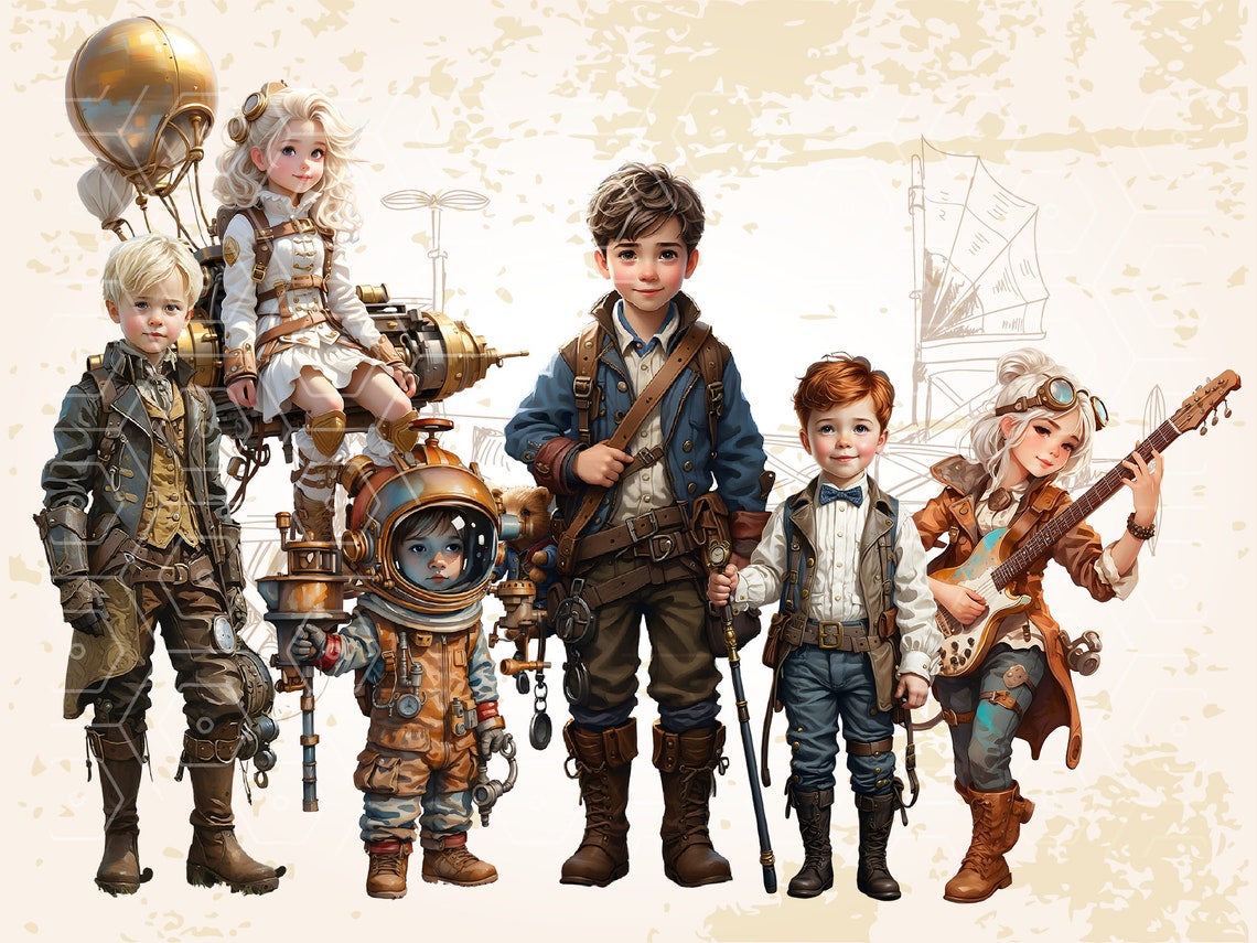 Steampunk Kids Clipart, Watercolor Steampunk Girl and Boy Children ...