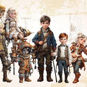 Steampunk Kids Clipart, Watercolor Steampunk Girl and Boy Children ...