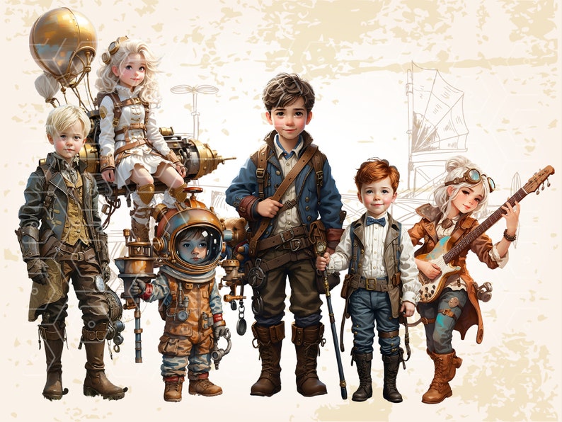 Steampunk Kids Clipart, Watercolor Steampunk Girl and Boy Children ...