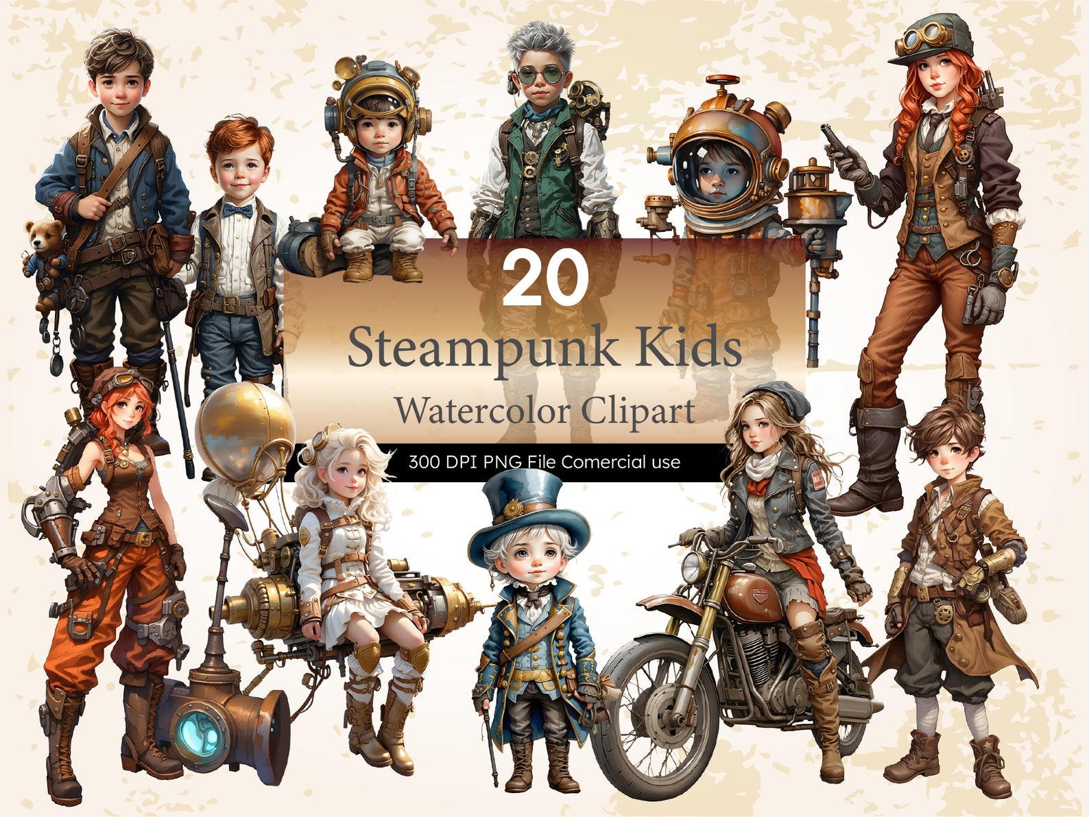 Steampunk Kids Clipart, Watercolor Steampunk Girl and Boy Children ...