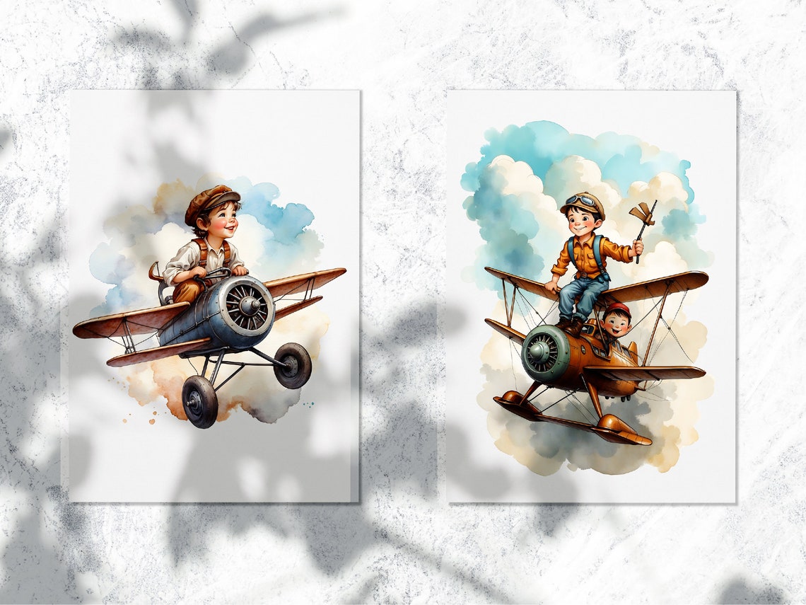 Aviator Kid, Pilot Kid With Plane Clipart, Watercolor Girl and Boy ...