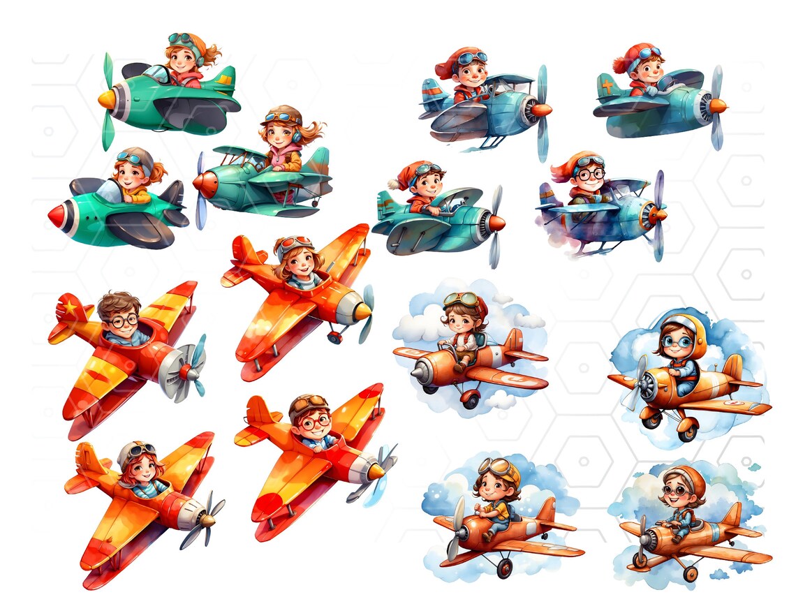 Aviator Kid, Pilot Kid With Plane Clipart, Watercolor Girl and Boy ...