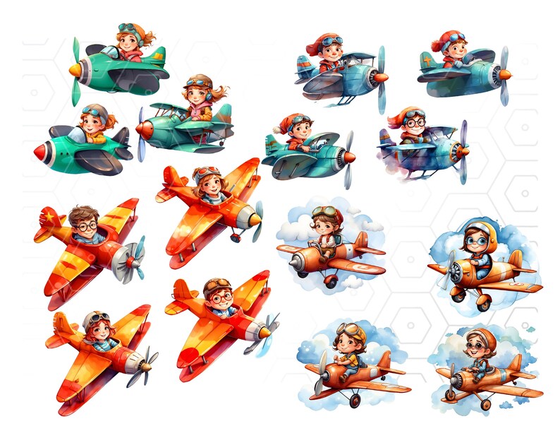 Aviator Kid, Pilot Kid With Plane Clipart, Watercolor Girl and Boy ...