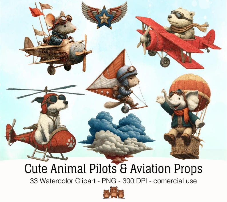 Watercolor Animal Pilot Clipart: Aviation Nursery Art (digital Download ...