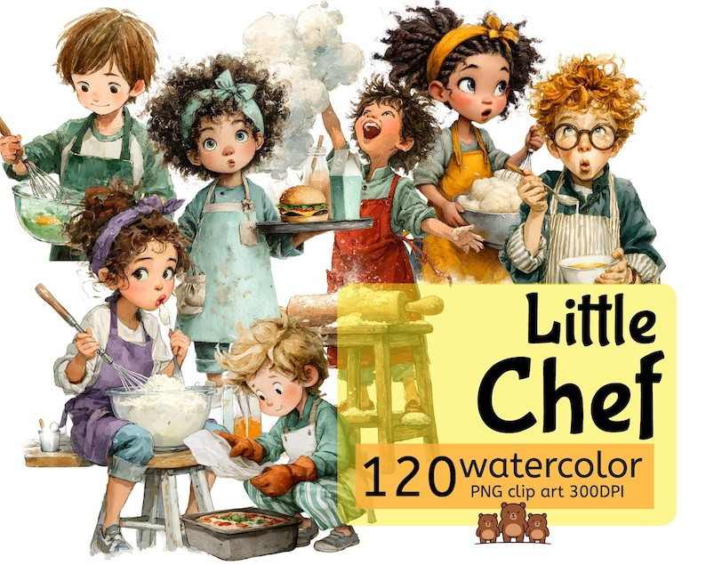 Little Chef Watercolor Clipart 120 PNG – Diverse Cute Kids Cooking Set ...