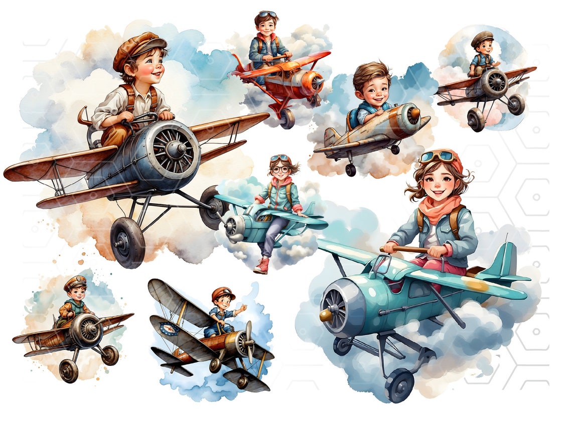 Aviator Kid, Pilot Kid With Plane Clipart, Watercolor Girl and Boy ...