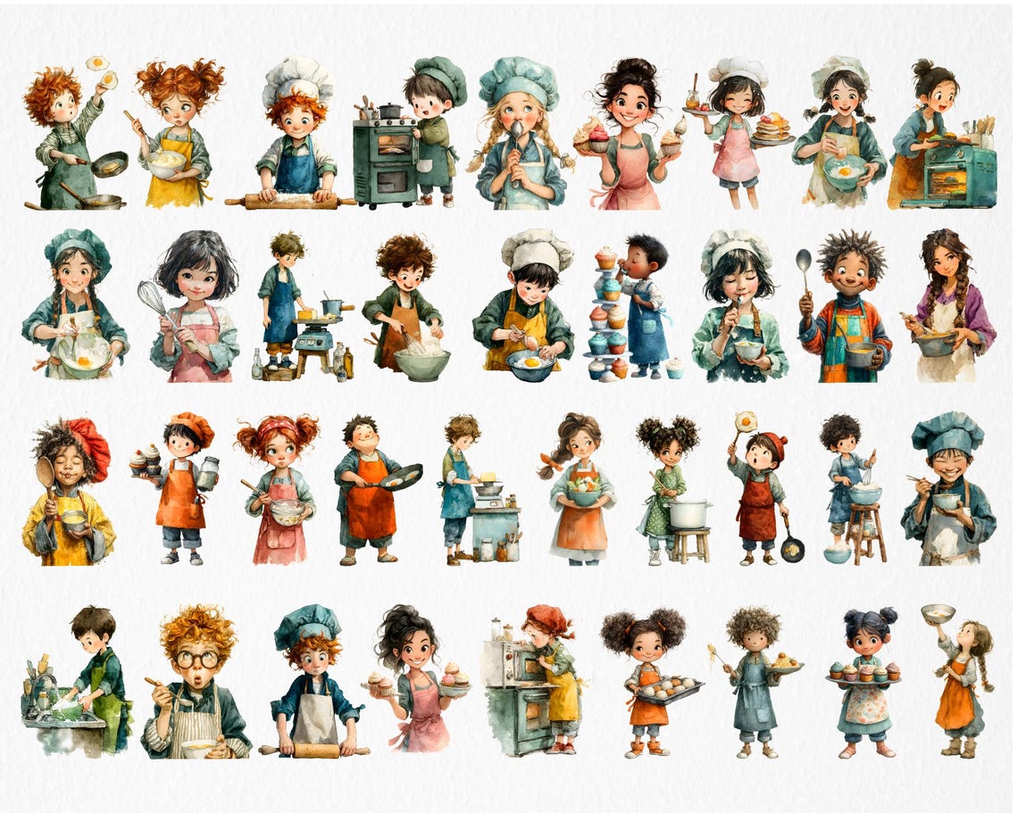 Watercolor Chef Clipart: Diverse Kids Cooking Set (digital Download ...