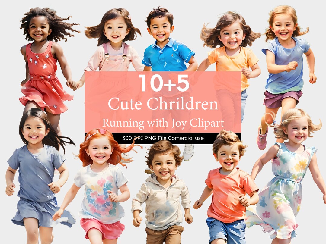 Cute Children Running With Joy Clipart, Happy Multinational Kids ...