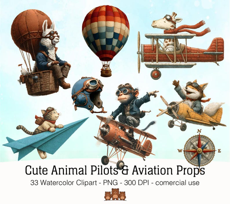 Watercolor Animal Pilot Clipart: Aviation Nursery Art (digital Download ...