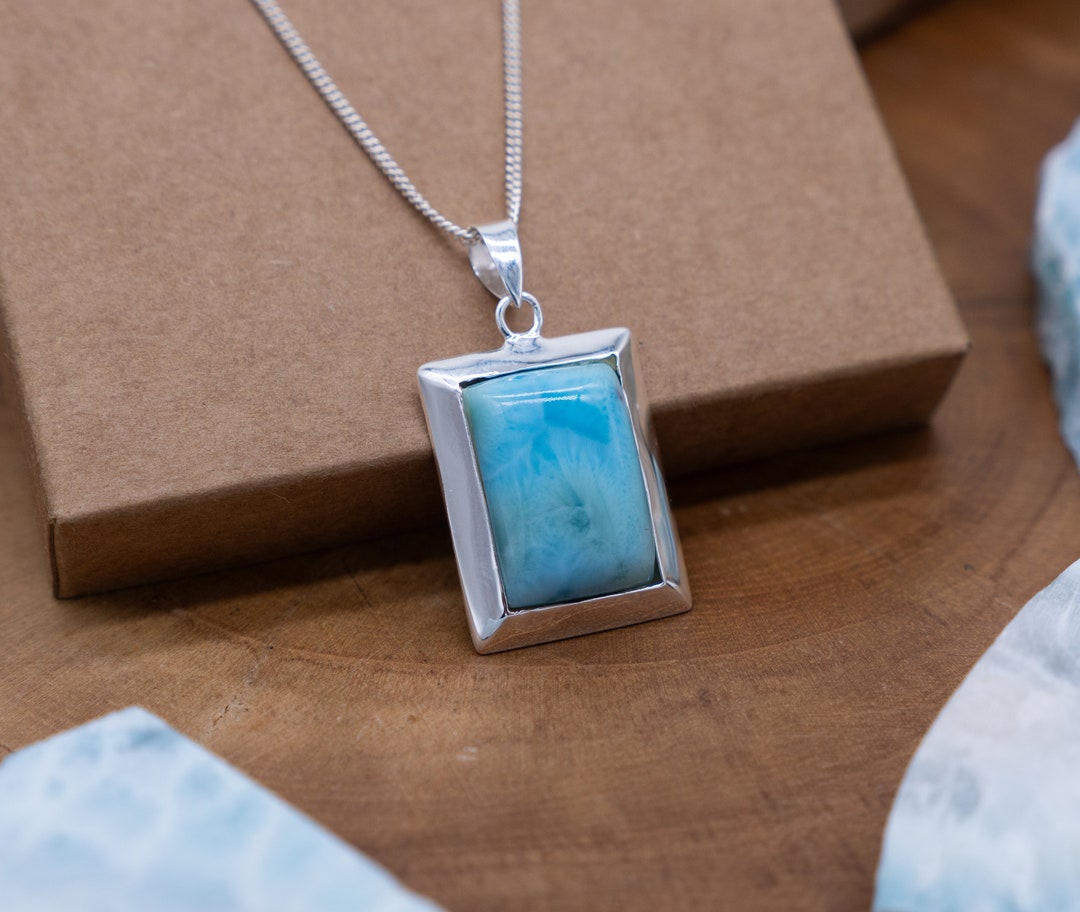 Silver Rectangle Larimar Necklace for Woman, Sterling Silver Classic ...