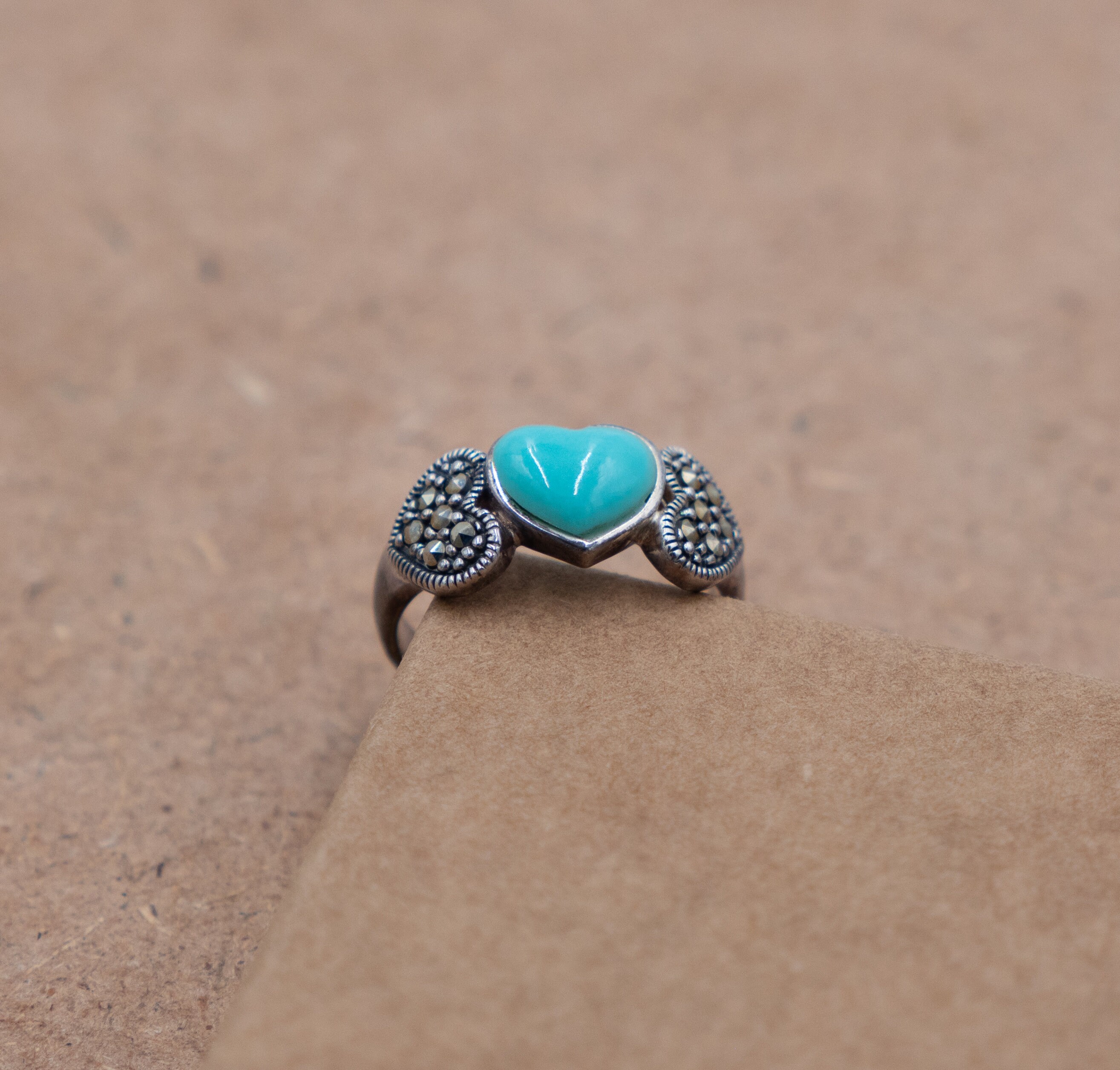 Silver Heart Ring With Turquoise and Marcasite, 925 Sterling Silver ...