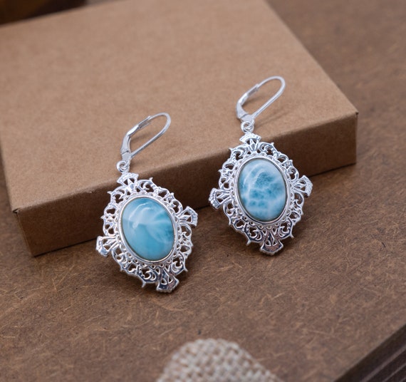 Silver vintage Larimar Earrings Round Larimar Silver Earrings for woman Larimar Jewelry Blue Larimar victorian Silver Dangle Earrings