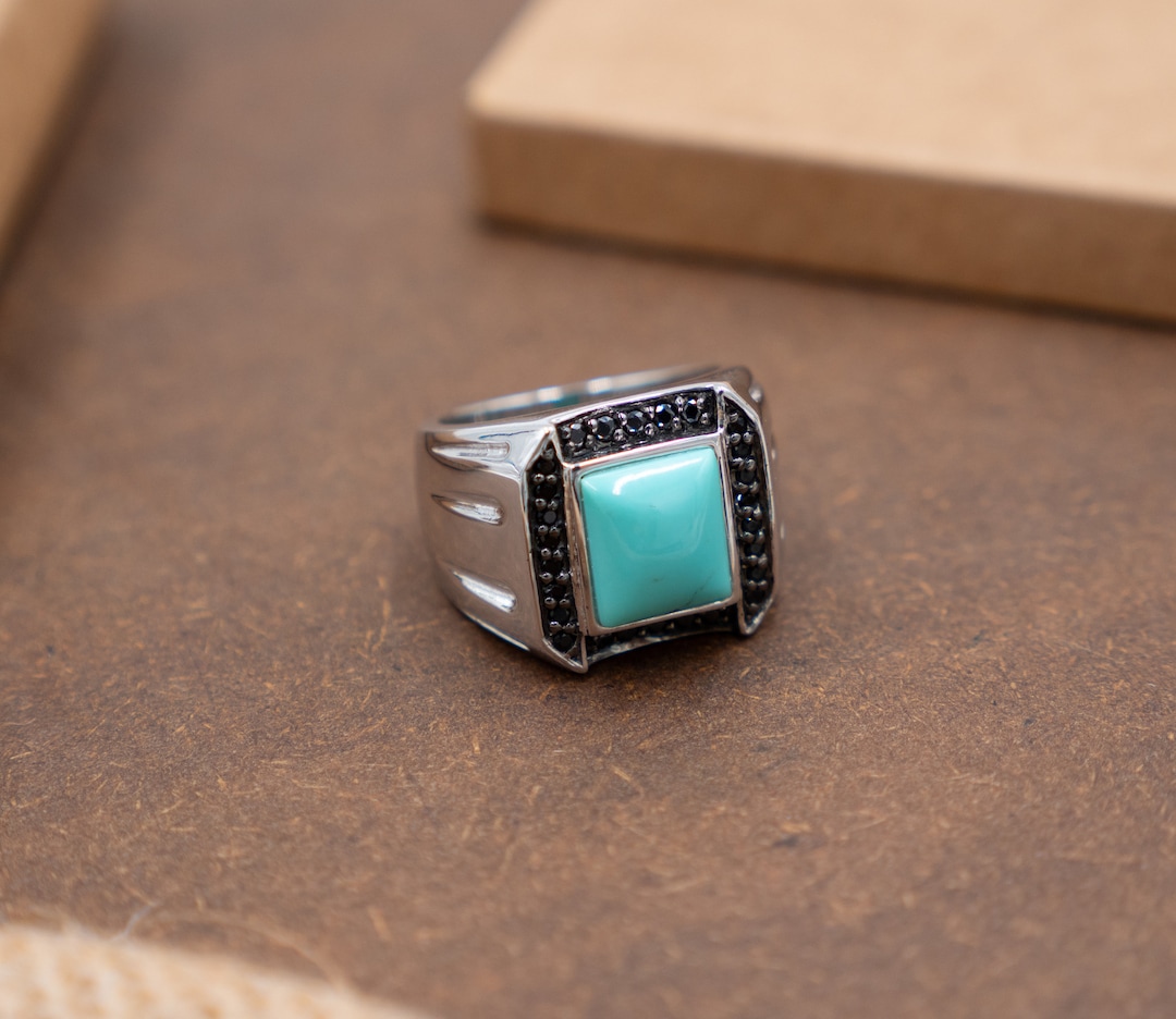 Square Turquoise Ring, Sterling Silver Turquoise Ring With Black Spinel ...