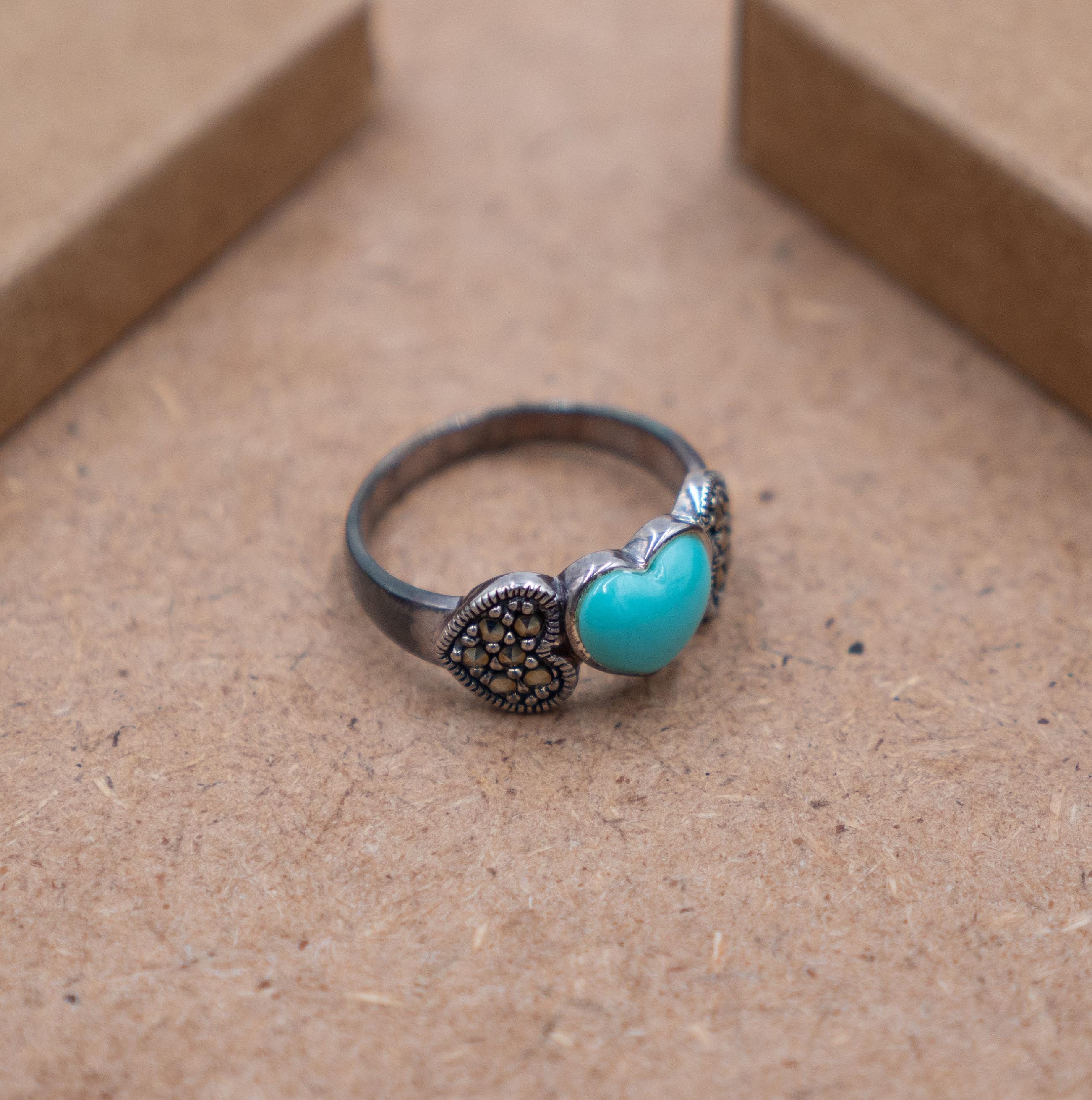 Silver Heart Ring With Turquoise and Marcasite, 925 Sterling Silver ...
