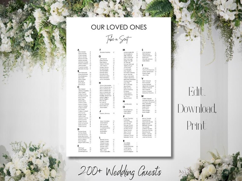 Alphabetical Wedding Seating Chart Template 200+ People/guests - Etsy