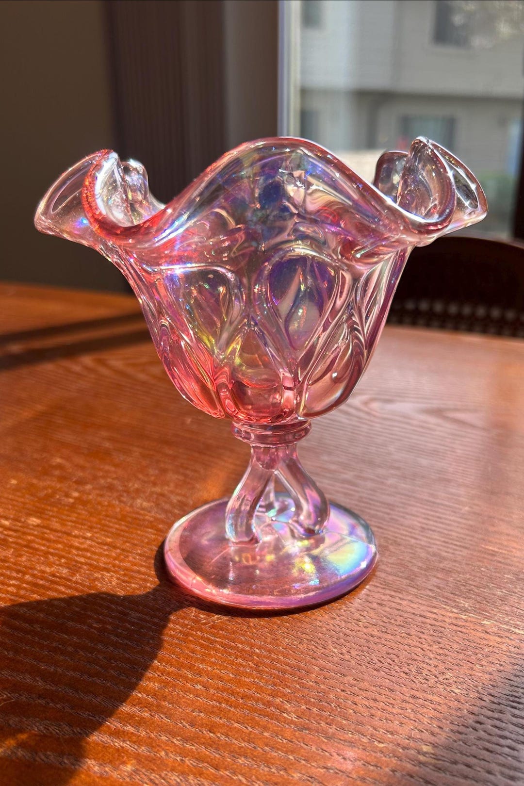 Fenton Iridescent Pink Scalloped Pedestal Compote - Etsy