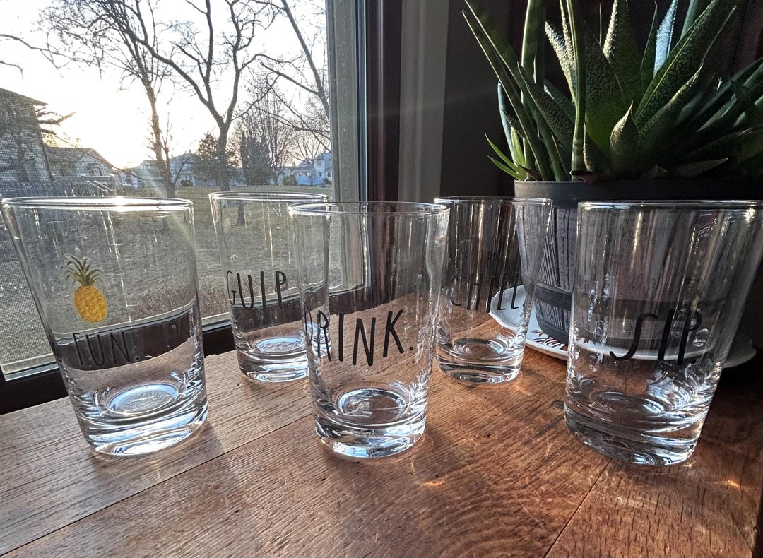 Rae Dunn Set of 5 Glass Clear Glasses Labeled “drink” “fun” “sip” “gulp ...