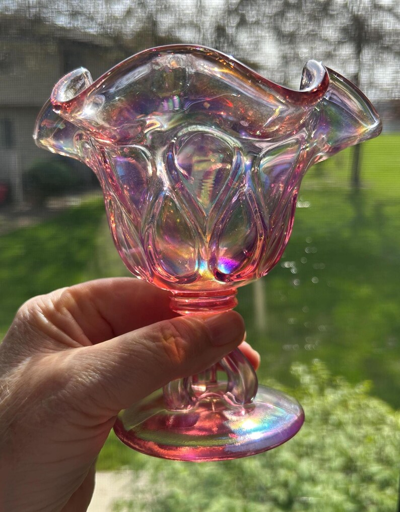 Fenton Iridescent Pink Scalloped Pedestal Compote - Etsy