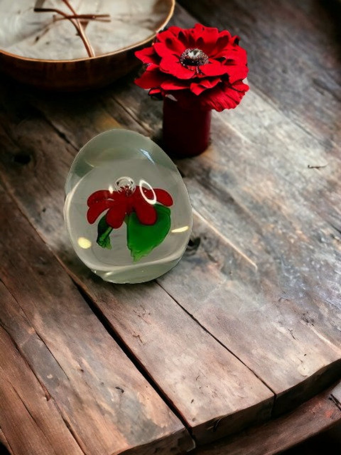 Vintage Czech Red Floral Control Bubble Art Glass Paperweight Vintage ...
