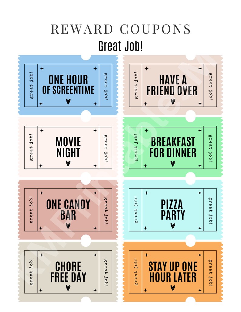 Printable Kids Reward Coupons Great Job | Printable | Instant Download ...