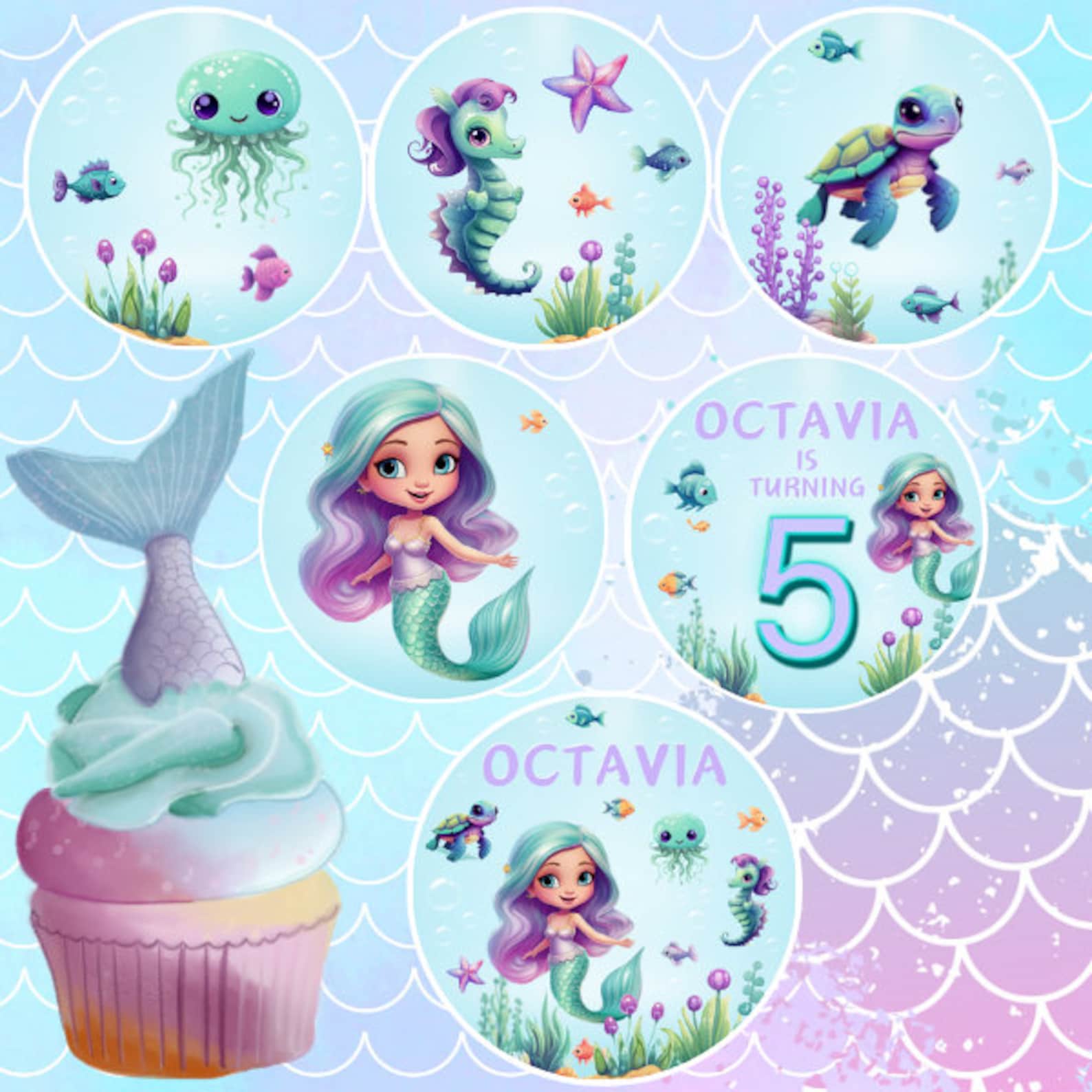 Mermaid Cupcake Toppers, Circle Mermaid Birthday Decorations, Girls ...