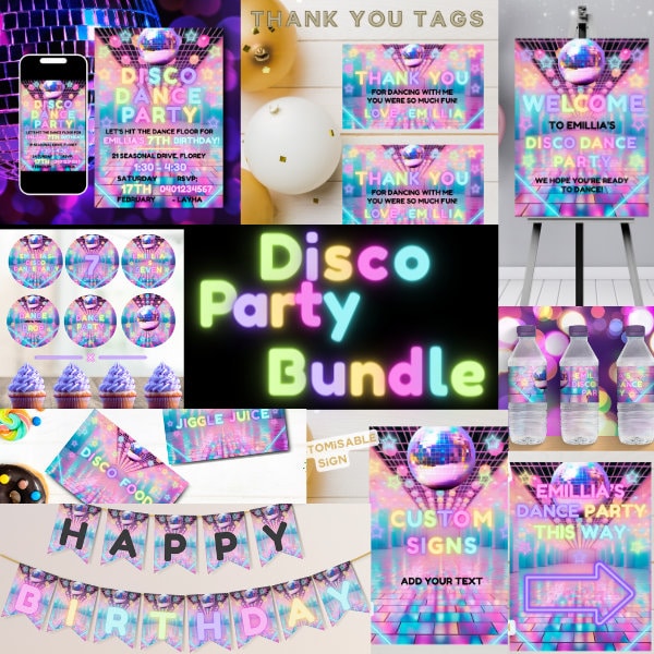 Editable Disco Party Bundle, Kids Disco Dance Birthday Party Pack ...