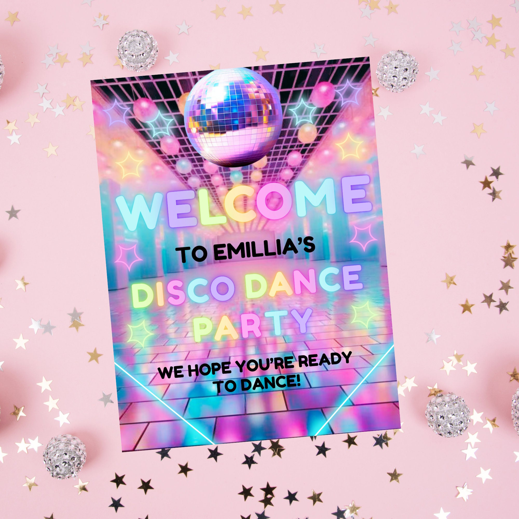 Editable Kids Disco Dance Birthday Party Welcome Sign, Neon Dance Party ...