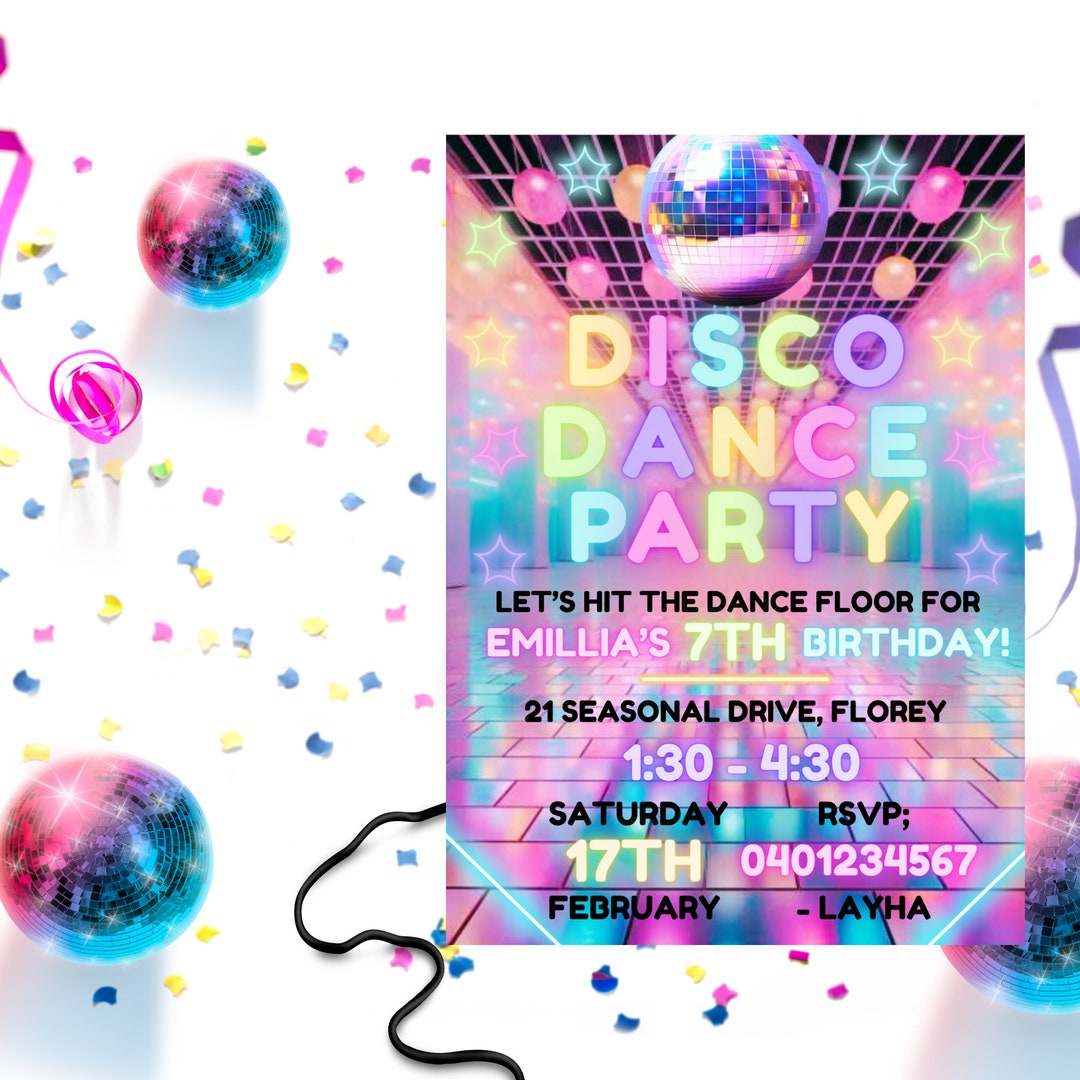Editable Kids Disco Party Invitations, Neon Dance Birthday Party ...