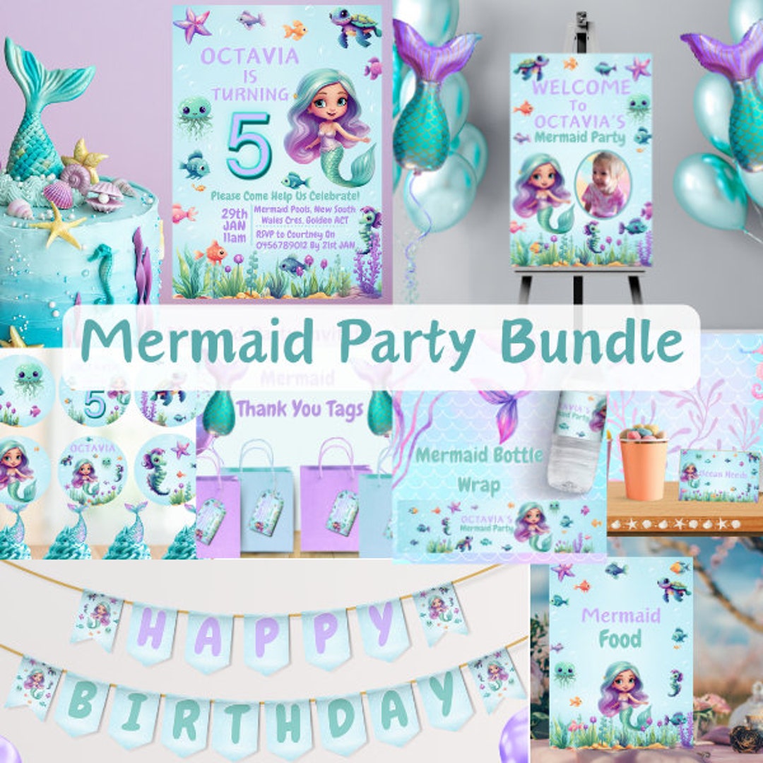 Mermaid 5th Birthday Party Bundle, Girls Mermaids Party Download, Edit ...