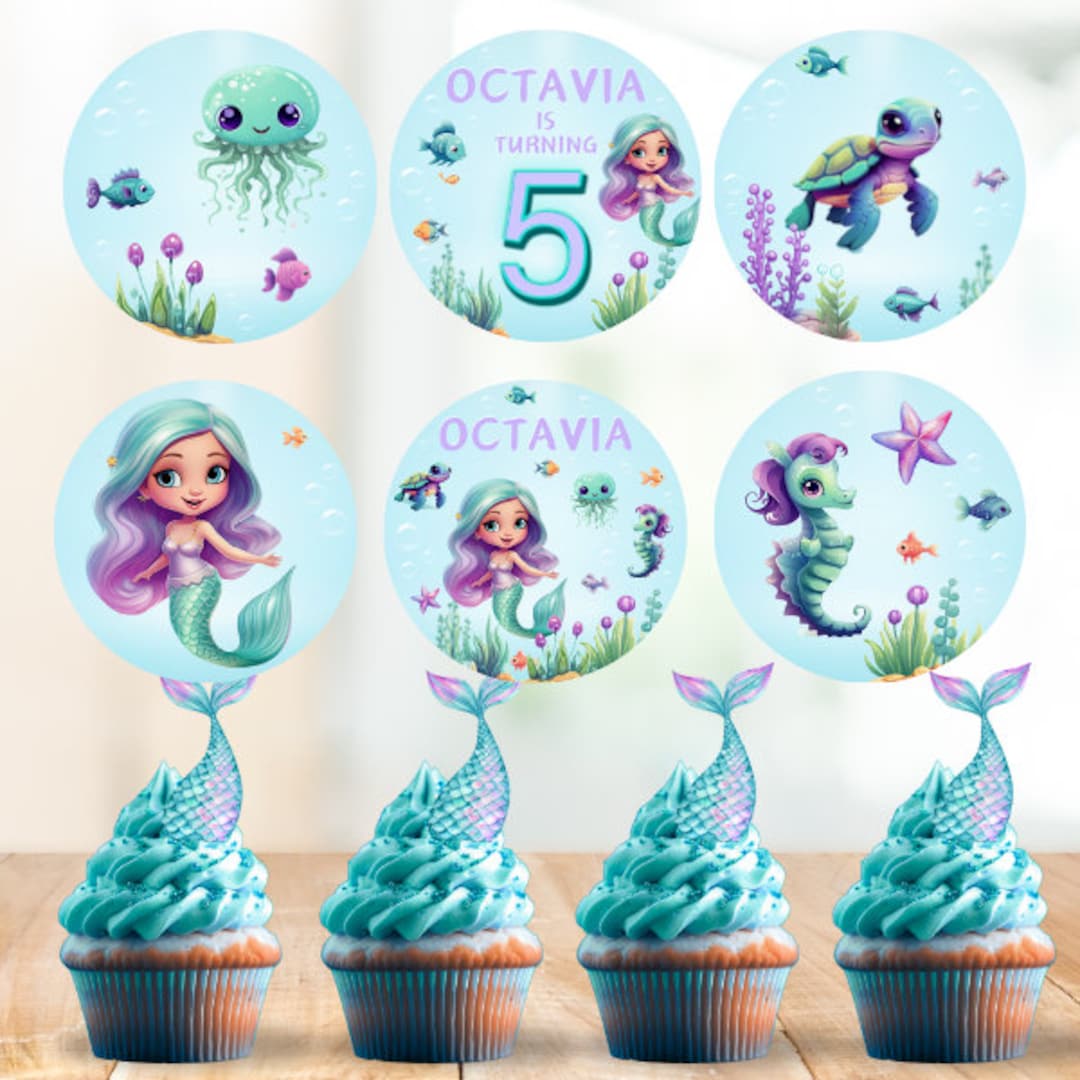 Mermaid Cupcake Toppers, Circle Mermaid Birthday Decorations, Girls ...