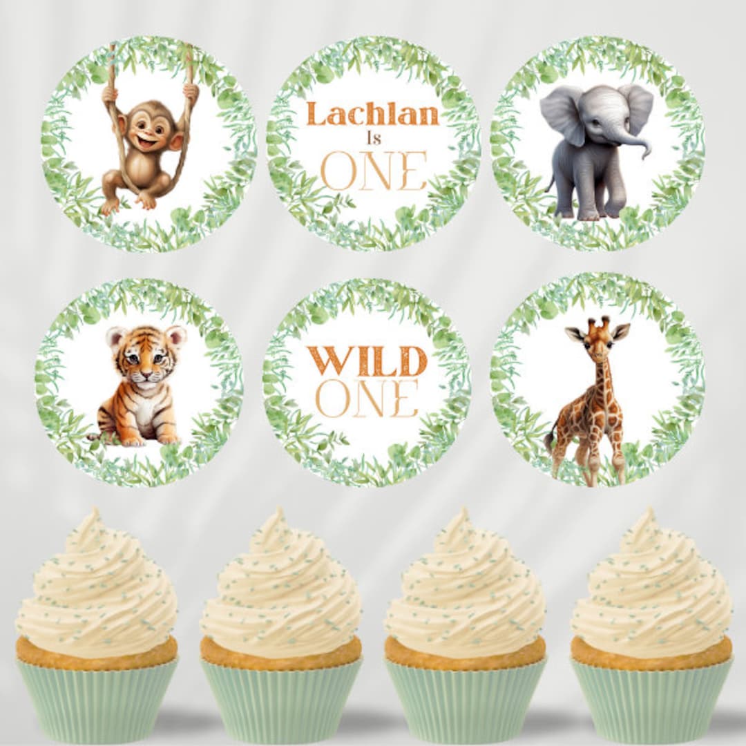 Wild One Cupcake Toppers, Safari Animals Jungle Party, Customisable ...