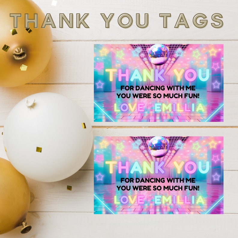 Editable Kids Disco Dance Birthday Party Thank You Tags, Neon Dance ...