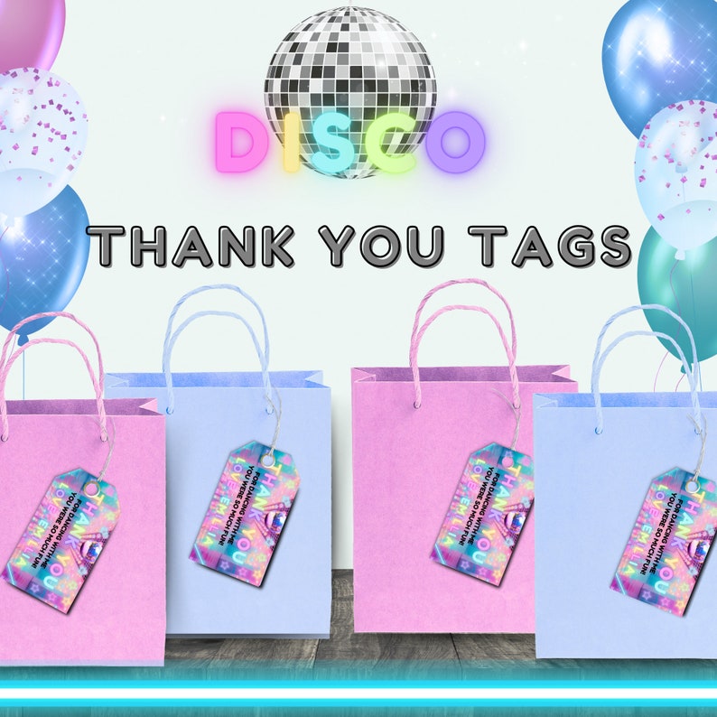 Editable Kids Disco Dance Birthday Party Thank You Tags, Neon Dance ...
